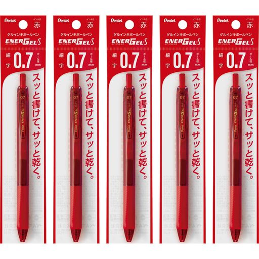 【特長】スッとかけてサッと乾くゲルインキボールペン 【インキ色】赤 【ボール径】0.7mm 【材質】軸・クリップ・ノック=再生PP、グリップ=エラストマー 【1本あたりサイズ/重さ】幅16mmx奥行11mmx長さ147mm/12g