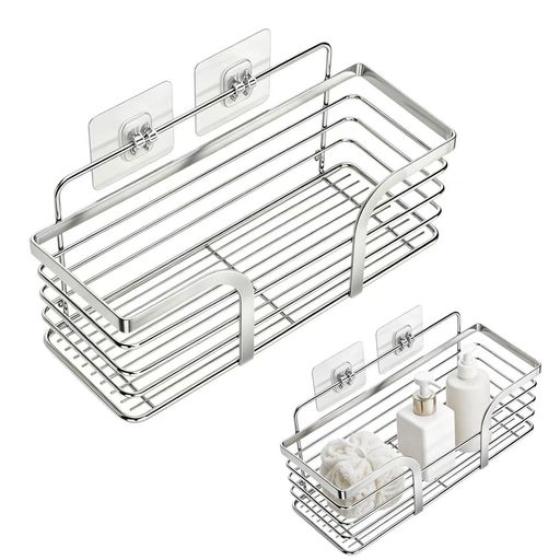 【商品仕様&amp;詳細】サイズ:約30x10.5x9cm、素材:高品質ステンレス、カラー:シルバー。穴あけ不要の強力粘着パッド式で、浴室や洗面所、キッチンなど場所を選ばず設置可能な壁掛け収納ラックです。 【デッドスペースを有効活用】シャン...