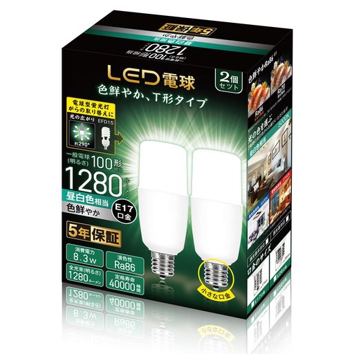 e26 100w 電球色 電源:100V(50/60Hz共用) 口金E17 調光不可 消費電力:8.3W 100W形相当 3光色ラインアップ&amp;Ra86 全光束:1280lm 電球形状サイズ:T形タイプ (外径33mm/長さ104mm...