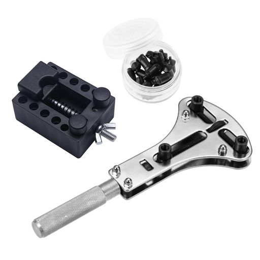 内容物:3点支持式オープナー*1、固定用プラスチック台座*1、はめ込み用爪6種18本。 サイズ:3点支持式オープナー:16.5cm*7cm*1.5cm、固定用プラスチック台座:7.8cm*4.9cm*3.5cm。 大型の腕時計も対応可能な三...