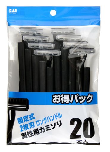 商品サイズ(幅x奥行x高さ):214mmx27mmx151mm 原産国:ベトナム 内容量:20本 ヘッド部分が固定式の2枚刃のカミソリです。