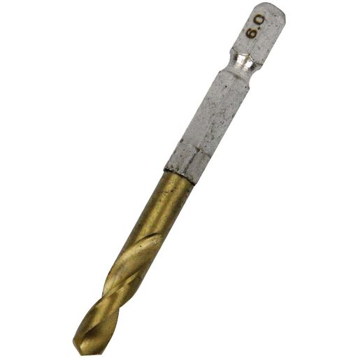 サイズ:6.0mm 標準穴あけ可能厚:(鉄)2.0mm・(木)らせん溝長の2/3程度 軸:六角軸6.35mm 使用電動工具:充電式インパクトドライバー・ドリルドライバー・電気ドリル 加工材料:鉄・木・樹脂・軽金属