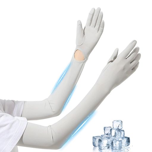 【UPF50+・指先までしっかりUVカット】このアームカバーは、接触冷感素材を使用しており、肌に触れた瞬間に3~5°Cの涼しさを実感できます。ロングデザイン(全長56.5cm)で肩下までしっかりカバー可能。紫外線カット率最大98%、UPF5...
