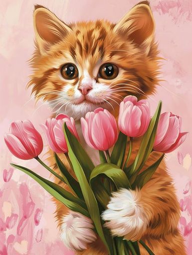 【美しいダイヤモンドアート】かわいい子猫がピンクのチューリップの花束を持ち、愛と暖かさを象徴しています。 柔らかいピンクの背景が柔らかい雰囲気を引き立てます。 このイメージはダイヤモンドペインティングに変身し、どんな家にも喜びと美しさをもた...