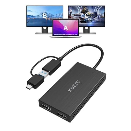 【USB 3.0デュアルHDMIアダプター】このKOZYC USBからHDMIアダプターは、USBポートを2つのHDMIデバイスに接続できます。同期出力4K 30Hzおよび1080P 60Hzをサポートします。USB-C、USB-A、Thu...