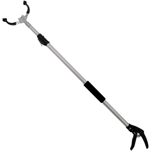 特徴:伸縮式で、しっかりつかめる強力タイプ 全長:約1200~1710mm 重量:約750g 仕様:3段階調節伸縮式・滑り止め付ゴムグリップ ヘッド:鉄、パイプ:アルミ