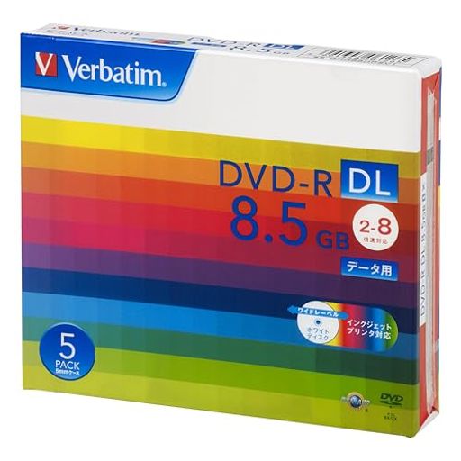 品種:データ用 DVD-R DL 1回記録用、容量:8.5GB、倍速:2-8倍速 盤面印刷:○(ホワイト) / 範囲:22mm-118mm(ワイド) ケース:5mmスリムケース 入り数:5枚