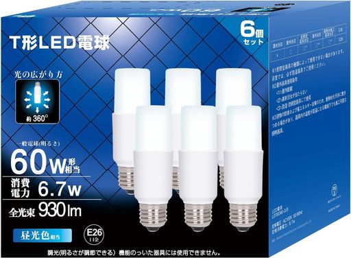 製品仕様口金:E26色温度:昼光色6500K定格消費電力:6.7W明るさ:930LM高演色Ra90定格電圧:AC100AC85-265V可用5060Hzサイズ:直径36x高さ106mm非調光対応 EFD25/EFD15代替推奨LED電球:こ...