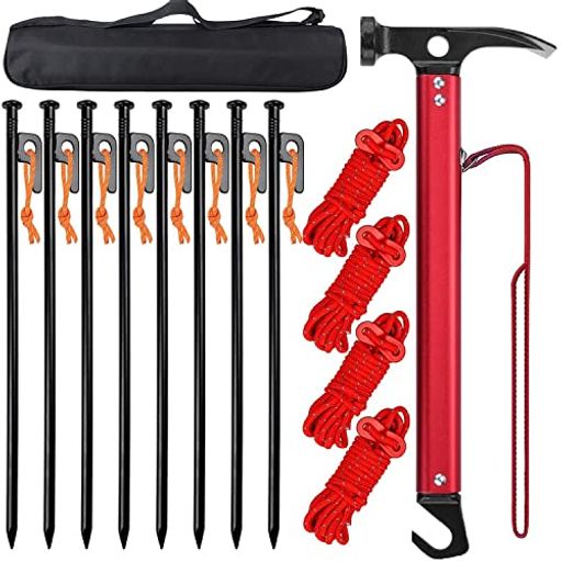 【14点セット内容】1個ペグハンマー + 8個30cm鍛造テントペグ + 4個反射材テントロープ + 1個収納袋 【頑丈&amp;軽量】頭部と下部とは高炭素鋼材料を採用して、炭素含有量が高いので、強度が強くて、硬度も高くて、非常な耐久性にな...