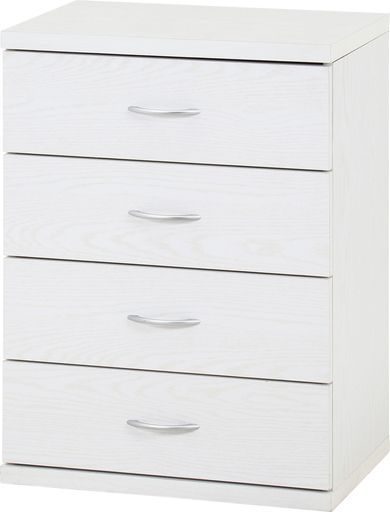 収納力抜群のシンプル4段チェスト サイズ: 幅60x奥行41.5x高さ80cm 本体重量:23kg 材質:構造部材:プリント紙化粧繊維板 原産国:マレーシア 引出内寸奥行:32.5cm