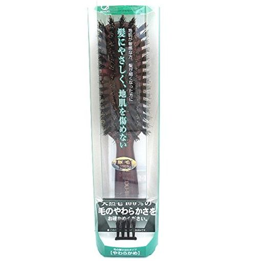 もつれ解消 商品サイズ (幅x奥行x高さ) :37mmx210mmx27mm 原産国:日本 内容量:1個 材質:柄の材質:ABS樹脂 毛の材質:純天然毛(豚毛)(耐熱温度100°C)