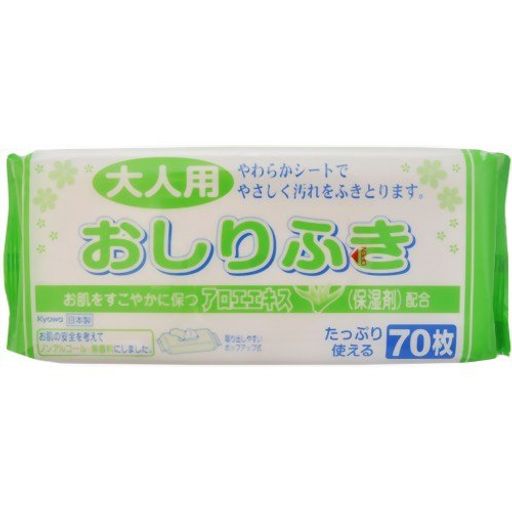 内容量:70枚 サイズ:約200*220mm お肌をすこやかに保つアロエエキスを配合した大人のおしりふきです。
