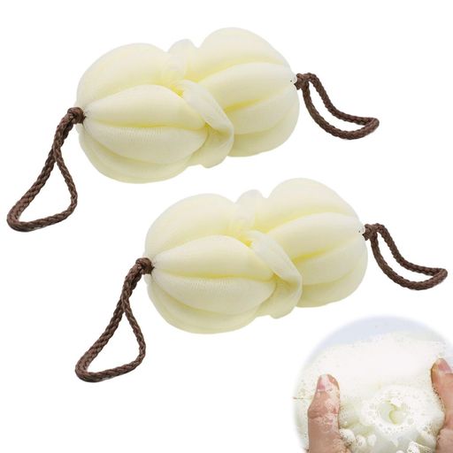 【伸縮デザイン&amp;ハンドル付き】2個セット(ベージュ)、両側ハンドルで軽く引っ張るだけでネットが大きく伸び、背中や手が届きにくい部分もラクに洗浄。腕や肩まで届き、姿勢負担を軽減して快適な入浴を実現。 【高効率な泡立ち&amp;環境素材...