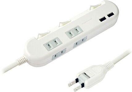 USBポート付AC充電器4口のACコンセントと2口のUSBポートがついた電源タップ。省エネ、白ランプ搭載のオン/オフスイッチ付き。【特長】●4口のACコンセントと2口のUSBポートがついた電源タップ。●省エネ、白ランプ搭載のオン/オフスイッ...