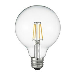 フィラメントLED 40W G95 ボール形 E26 CL●従来のLED電球に比べ、白熱電球に似たノスタルジックな雰囲気を演出・本体寸法 : W95mm×H134mm×D95mm ・本体重量 : 63g ・口金 : E26 ・材質 : 本体...