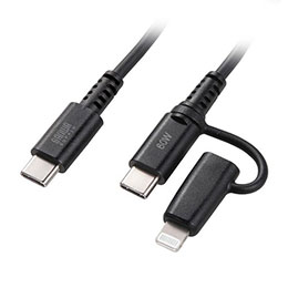 1本で2役!Lightning・Type-C対応の2in1ケーブル。MFi認証品。ブラック。●USB2.0 Type-CケーブルにLightning変換アダプタが付属し、スマホやタブレットを1本で快適に接続できます。 ●Type-CとLig...