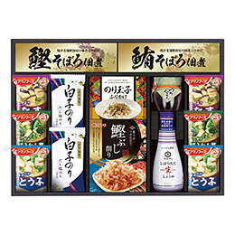 キッコーマン&アマノフーズ食卓詰合せあると嬉しい、食卓を彩る詰合せです。メーカー品番 : MSE-40A 内容物 : 白子だし塩のり(8切5枚)・アマノおみそ汁(なす9.5g・ほうれん草7g・とうふ10g)各2袋・島の香のり佃煮80g×1瓶...