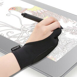 タッチペンやスタイラスでタブレットに絵を描く際の手と画面との摩擦を軽減し、グローブの画面接触部分の非通電パッドが手による誤操作を防止するタブレット、ペンタブレット用誤操作防止2本指グローブです。