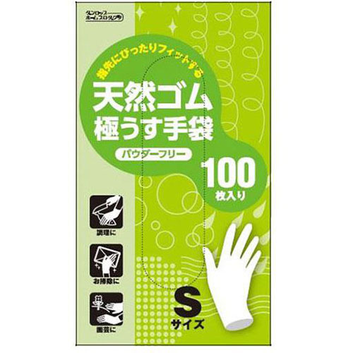 天然ゴム極うす手袋100枚粉なし Sサイズ ナチュラル○ぴったりフィットの極うす手です。粉なし特殊加工で着脱も容易です。 ○便利な左右両用タイプです。 ○塩化ビニール製に比べ強度に優れています。 ○環境ホルモンと言われているフタル酸エステル...