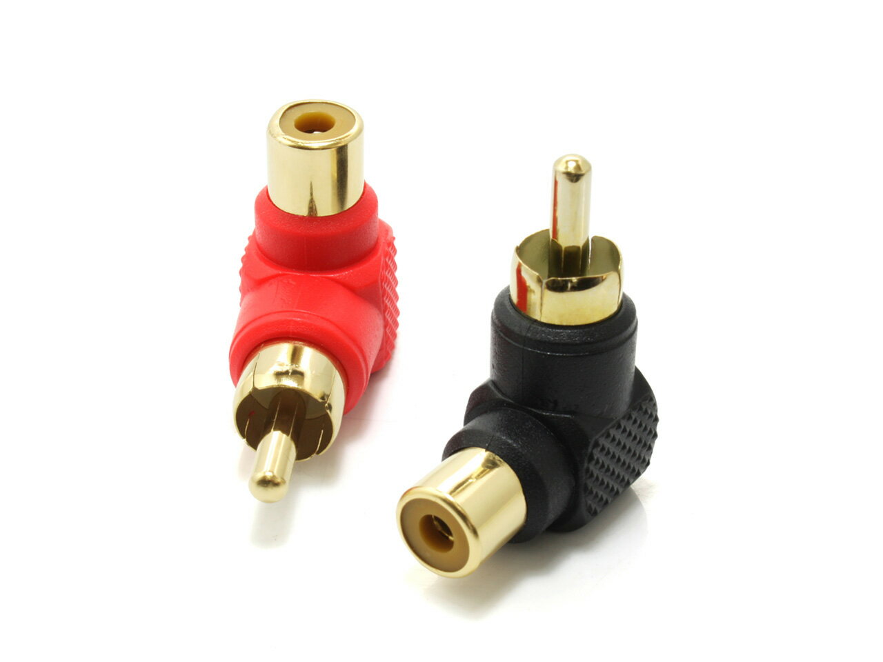 RCA L型変換アダプタ (赤/黒)2個セット [金メッキ]です。 奥行きの狭い場所で、機器の上下左右からケーブルを接続できるRCAコネクターのL型90度角度変換アダプターです。 赤と黒の色違い2個を1セット販売ですので、1セットの購入でL...