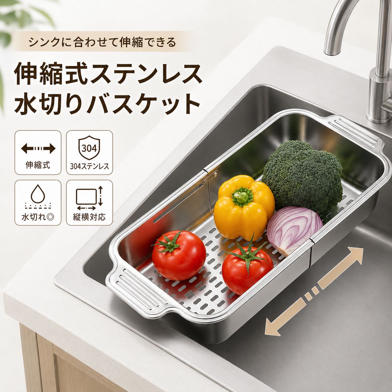 シンク幅に合わせて伸縮できる304ステンレス水切りバスケット。 野菜も食器もまとめて水切り シンク幅に合わせて伸縮できる、ステンレス製の水切りバスケットです。 洗った野菜や果物の水切りはもちろん、食器やカップの一時置きにも使いやすく、限られ...