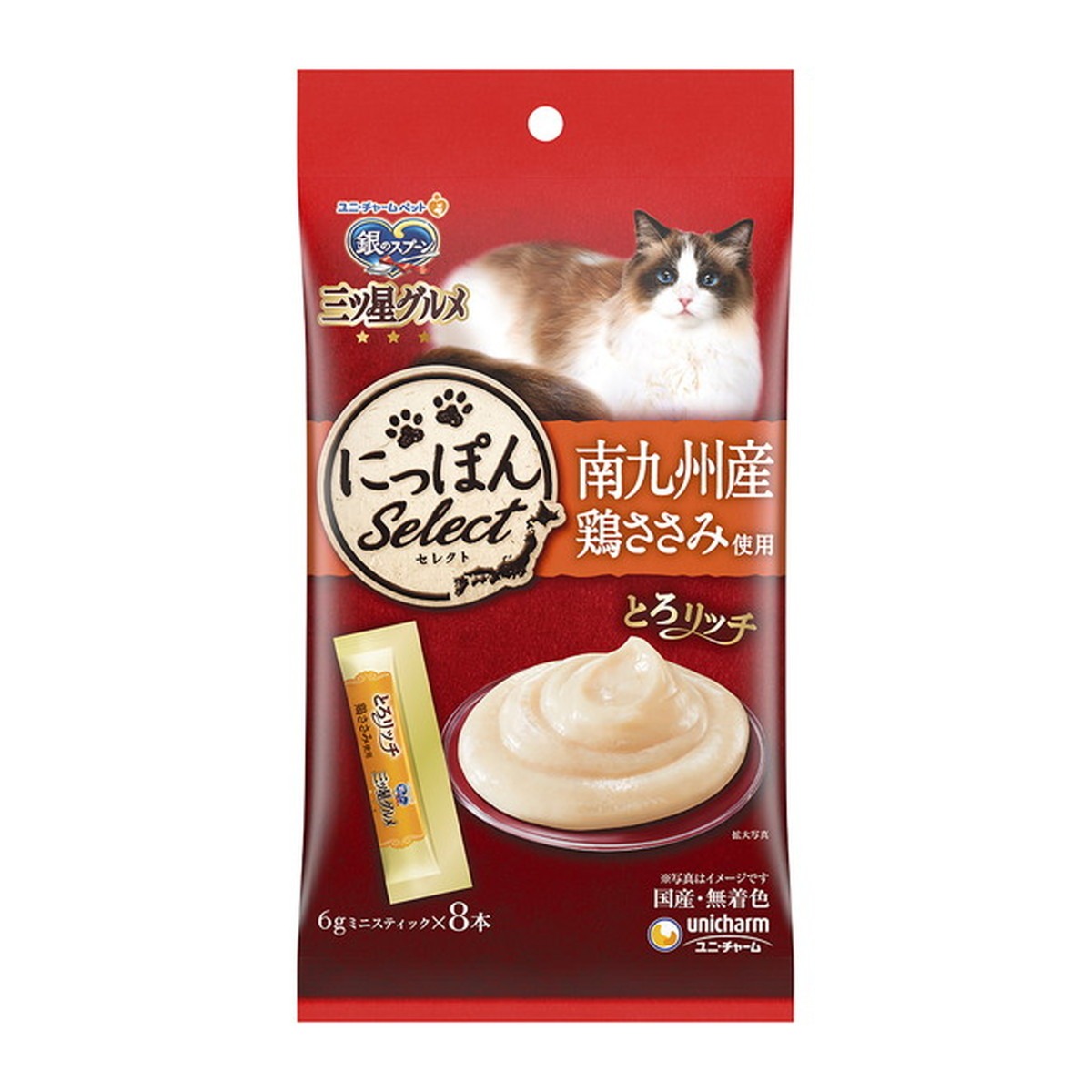 ・日本各地の厳選素材を使用した贅沢な美味しさ ・とろりとしたウェットタイプの食べきりおやつ ・南九州産鶏ささみを使用 ・6gサイズの小分けパックであげすぎ防止 ・無着色で安心 【成分】 肉類（鶏胸肉、ささみ）、調味料、増粘多糖類
