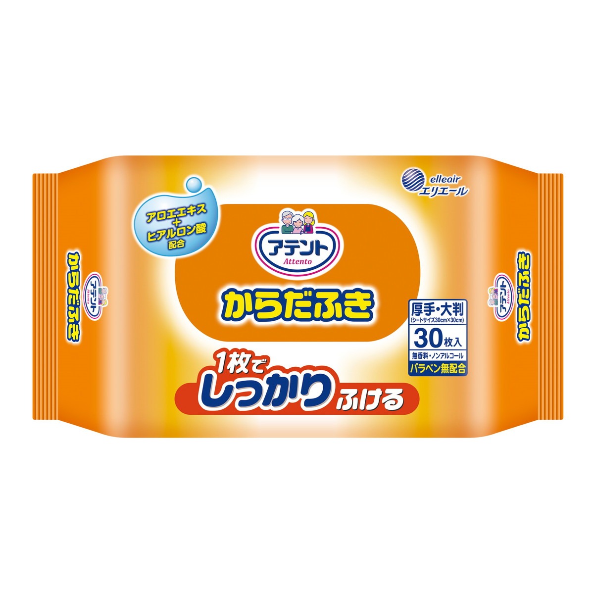 ・大判サイズでしっかりふける ・アロエエキスとヒアルロン酸配合のW保湿成分 ・ノンアルコール、パラベン無配合 ・トイレに流さないで使用 ・原産国は日本 ・介護用品