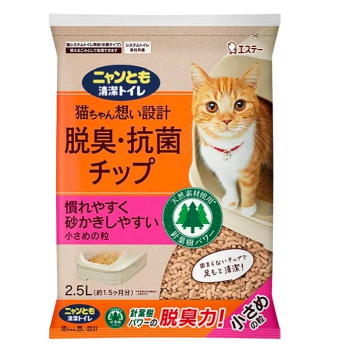 ・天然素材の針葉樹を原料とした脱臭・抗菌チップ ・オシッコで固まらず粉の舞い散りが少ない ・1週間取り替えなしでもニオわない設計 ・足元サラサラでいつも清潔 ・砂かきしやすく慣れやすい小さめの粒 ・燃えるゴミとして処理可能（地域ルールに従う...