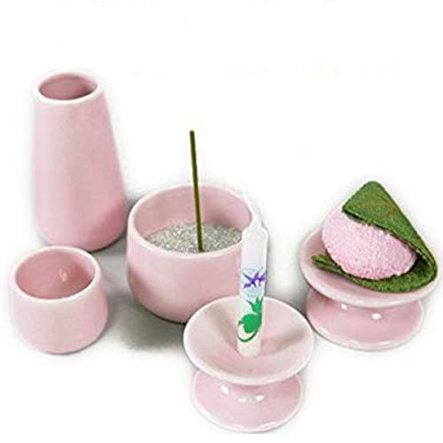 ピンク/-/-・パッケージ個数:6・（供物台）直径6×高さ3・（水入れ）直径4×高さ3・（香炉）直径6×高さ4・（ろうそく立て）直径5×高さ4・（花立）直径4.5×高さ8画像の線香、ローソク、お供えはセットではありません。