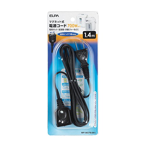 -/-/WP-M07BBK・パッケージ個数:1・●引っかけてもはずれる電気ポットコード■定格 125V 7A ■最大定格電力:700Wまで ■コード長:1.4m ■極間ピッチ:18mm ■カラー:ブラック
