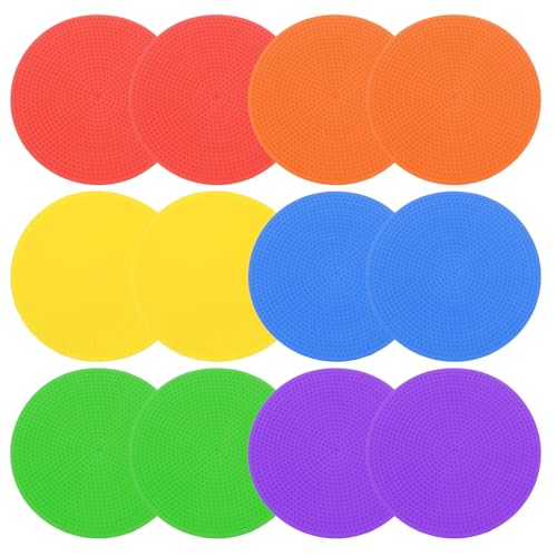 パープル/レッド/緑/ブルー/オレンジ/イエロー/-/-・素材：TPE；カラー：パープル/レッド/緑/ブルー/オレンジ/イエロー；直径：10cm / 3.94；パッキングリスト：床用ドット12個、収納バッグ1個・利点：1. フラットなアジリ...