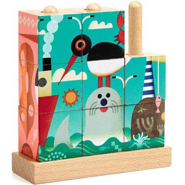 海の動物たちのイラストを完成させる、キューブタイプの木製パズル。9つのブロックを三本の支柱に正しくさして完成させます。お手本カードがついているのでカードを見ながら同じ内容を作るところから始めましょう。手先の器用さだけではなく立体に描かれた図...