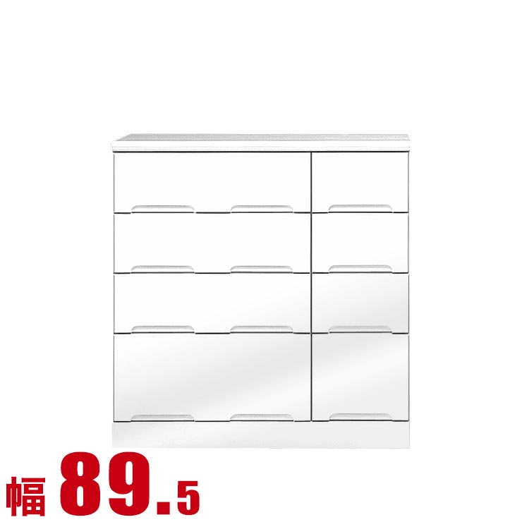 寸法外寸:幅89.5×奥行45×高さ93cm素材前面:エナメル塗装鏡面仕上げ天板:メラミンコーティング(艶あり)本体:ホワイト色化粧仕上げ耐荷重各引出し:約15kg天板:約20kg特徴・前面はピッカピカのエナメル鏡面仕上げなので汚れにくくお...