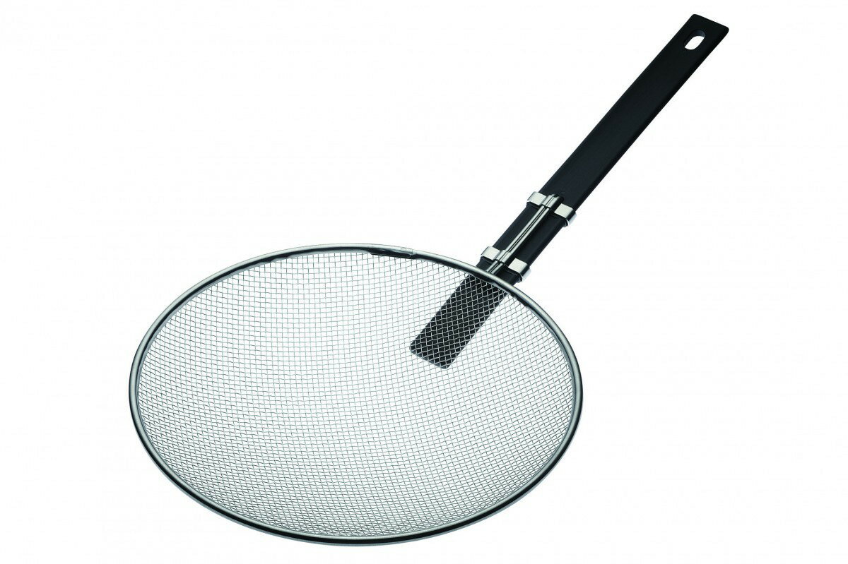 品番：10177材質：本体：18-8ステンレス/　柄：66ナイロン（ガラス繊維入り）/　耐熱温度：200℃寸法：φ300×H45×290mm（径×深さ×柄長）メッシュ（開き目：mm）：6.5（3.3）重量：400g衛生的な樹脂ハンドルを採用...