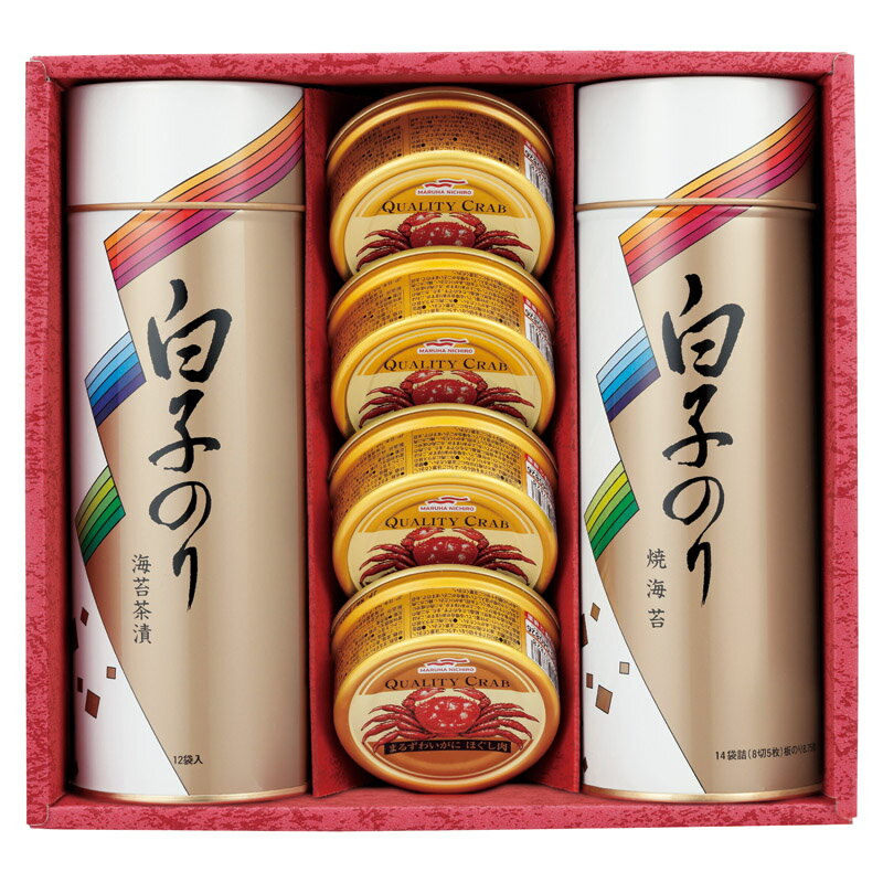 【商品説明】根強い人気の海苔とカニ缶の詰合わせです。 【内容】のり茶漬（12袋）・焼のり14袋詰（8切5枚）×各1、まるずわいがにほぐし肉（55g）×4 【型番】SN-500 【箱サイズ】化粧箱：約240×260×85mm（入） 【箱入重量...