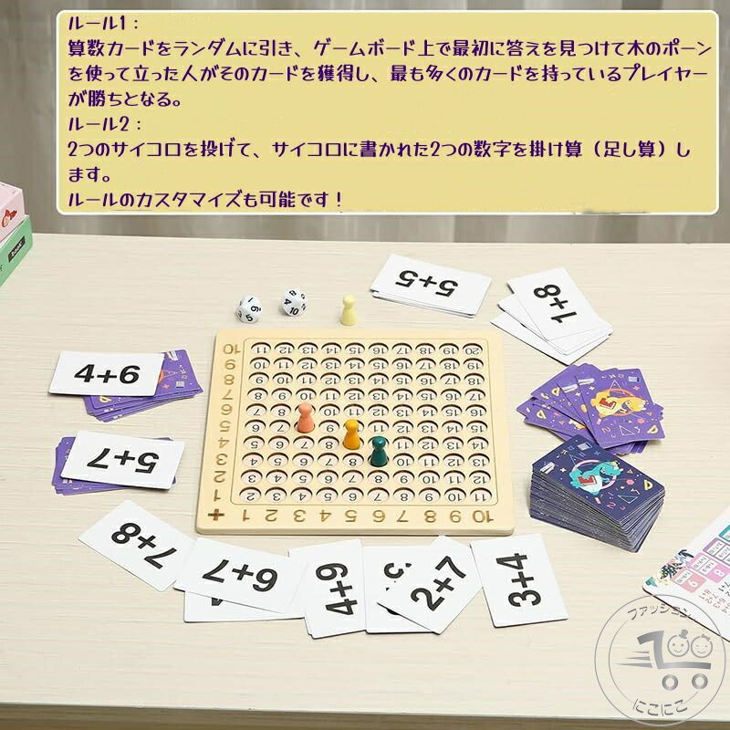 商品詳細商品仕様 セット内容：両面ボード1枚、ウォーターペン1本、ダイス2個、ポーン4個、数学カード10枚(掛け算5枚、足し算5枚)、掛け算と足し算のテーブル1枚が含まれています。 重量：360g サイズ：24*23.5*3cm 特徴 【九...