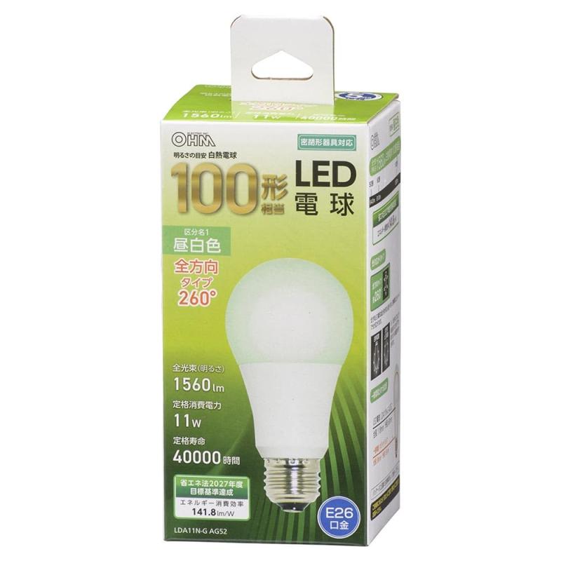 オーム電機 LED電球 E26 100形 100ワット形 100W形 密閉形器具対応 全方向 昼白色 5年 LDA11N-G AG52 06-3295 OHM寸法：全長…118mm、最外径…60mm質量：110g定格消費電力：11W定格入力...