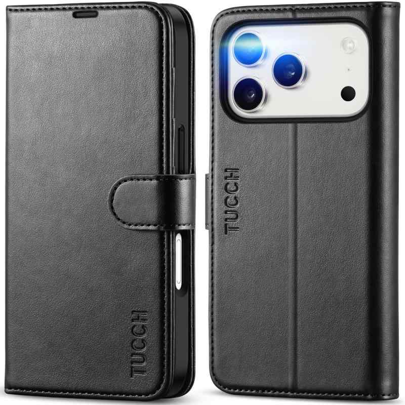TUCCH iphone17 Pro 対応 ケース 手帳型 6.3インチ RFIDブロッキング 4つカードポケット付き ストラップホール 横置きスタンド機能 衝撃吸収 全面保護 PU合皮 TPU素材 マグネット式 アイホン17プロ対【対応機...