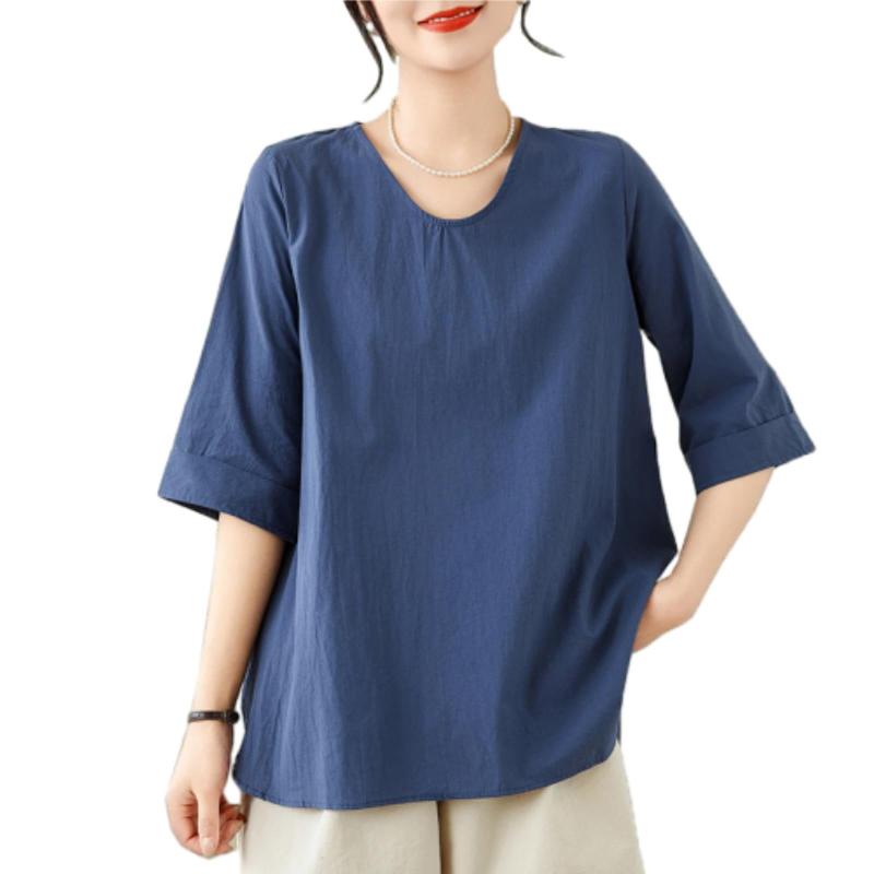 [MSFQSNB] 半袖 ブラウス レディース Vネックリネン シャツ tシャツ トップス プルオーバー 大きいサイズ ゆったり 体型カバー 薄手 無地 サマー 5分袖 カジュアル オフィス 通勤 春 夏