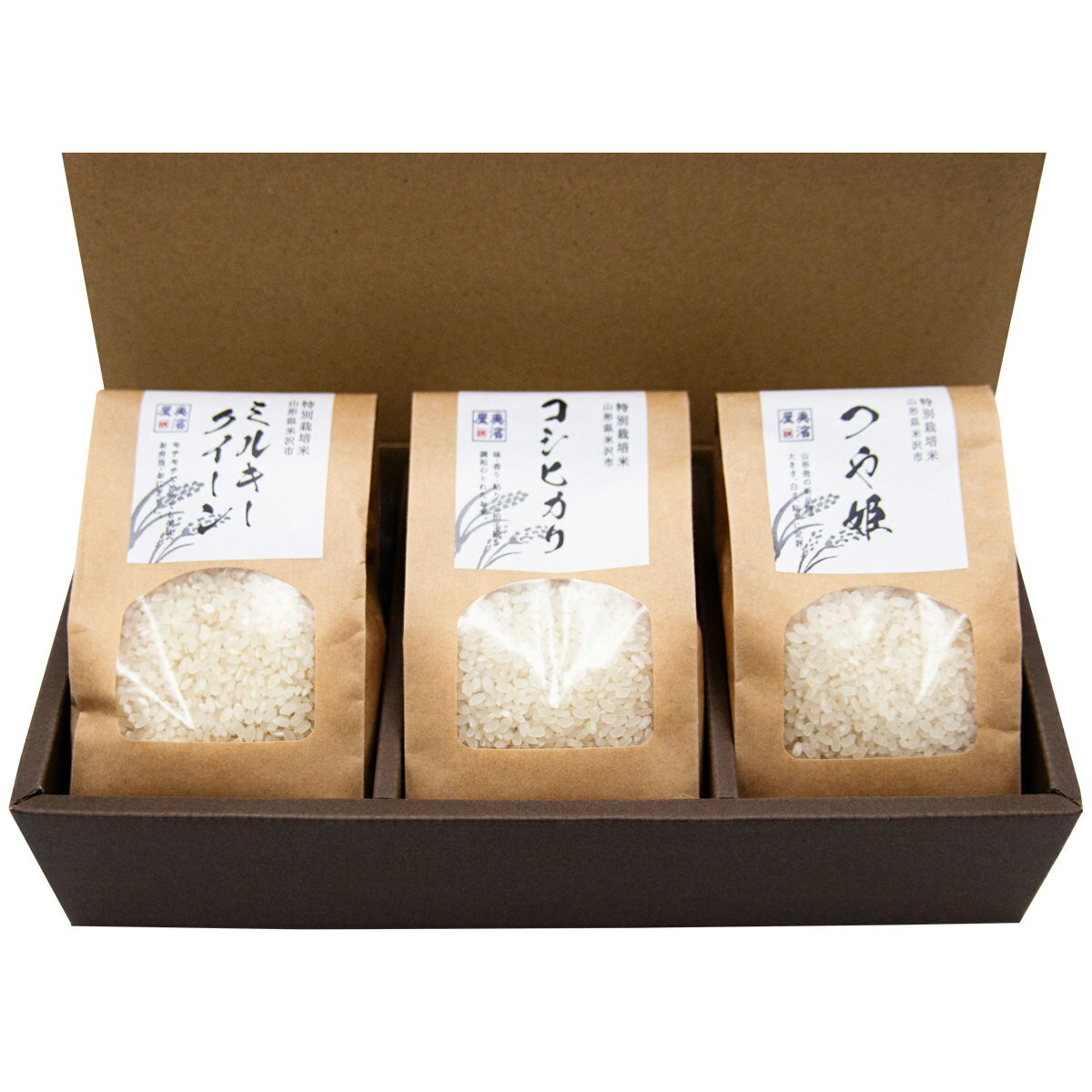 美濱屋がお届けする「山形県米沢産 特別栽培 銘柄米 ギフトセット」です。特別栽培米ミルキークイーン、特別栽培米コシヒカリ、特別栽培米つや姫、各300g（2合）を詰め合わせました。「米・食味分析鑑定コンクール：国際大会」で金賞受賞履歴のある農...