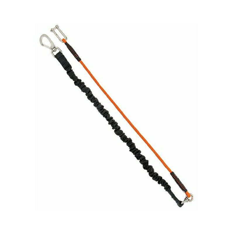 工具接続金具に、スライド止めができる「ゆるみ止め付きシャックル」を採用した。 工具接続ロープ側に、登山用ロープを応用した高耐久性ザイルロープを採用した。 伸縮ロープ側に、破断に強い金属芯を使用した。 工具接続ロープとジャバラ伸縮ロープをより...
