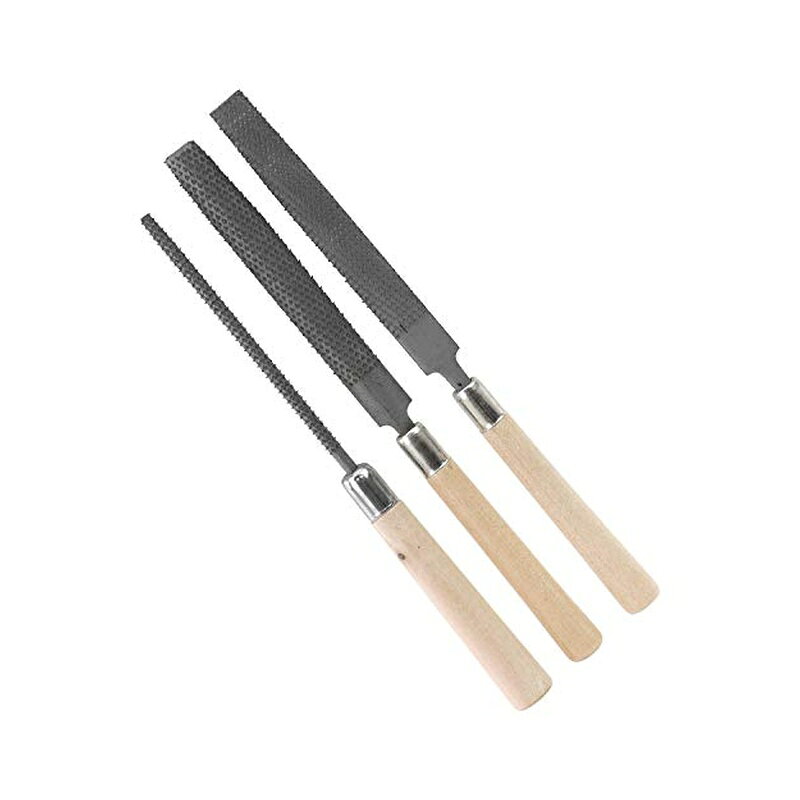 セット内容:丸・半丸・平 入数:3本組 用途:木工用、目:鬼目 全長:約200mm 仕様:柄付、柄:木 木工用ヤスリ3本組 【用途】 木を中心とする木工の小さな細工研削・研磨作業 【特徴】 ・木を中心とする木工の小さな細工に使用 ・使いやす...