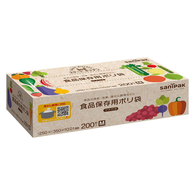 ●スマートキッチンは、キッチン周りでの使用を想定したポリ袋シリーズの名称です。 ●収納に便利な箱入り保存袋M 200枚タイプ ●一枚ずつ取り出せる食品保存用ポリ袋です。 ●深いマチ付きで間口が広く開きやすいポリ袋です。 ●Wシール加工が施さ...