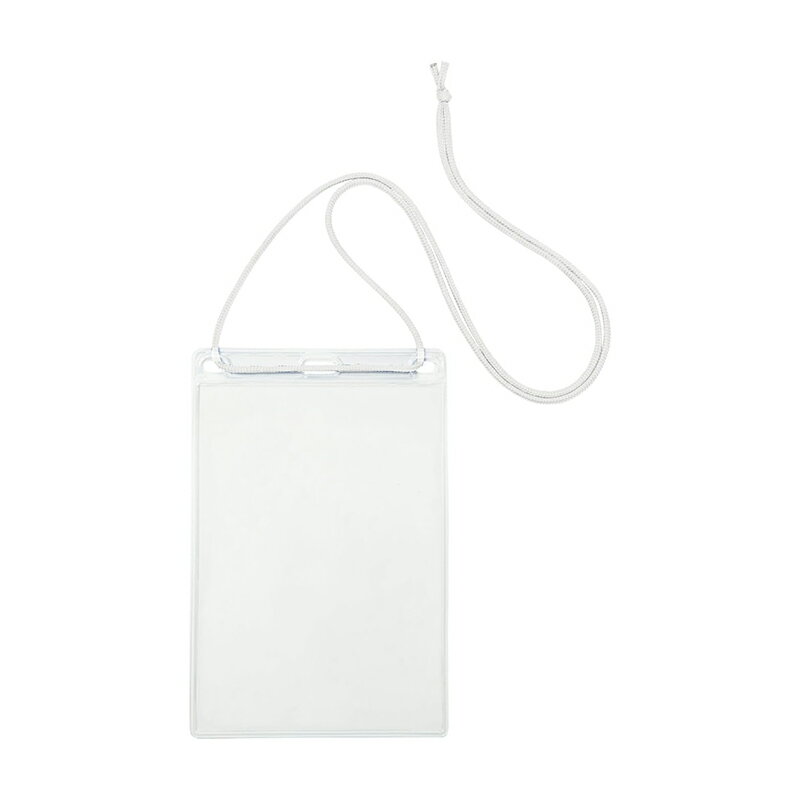 リーズナブルな吊り下げ名札。 ひも/丸紐 ひもサイズ/長さ約100cm、直径約3mm ケース/ソフトタイプ　ハガキ用サイズ ケース外寸/W114×H171mm 中紙寸法/W100×H148mm 通常はがきの最大寸法（W107×H154mm）...