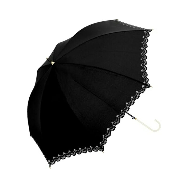 カラー：ブラック 裾の花柄ヒートカットがかわいい、シンプルで上品なデザインです。58cmの大きめサイズが日差しから肌を守ります。親骨は、風に強くしなやかで折れにくいグラスファイバー骨仕様です。遮蔽率99.9％、遮熱効果30％cut、UPF5...