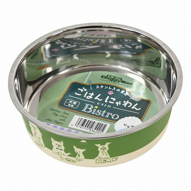 外側をプラスチックで覆った、かわいいステンレス製の食器です。 ・人気の「ビストロ」でゆったりお食事をイメージした　華やかな色合いにくすみ感をもたせました。 ・底面には、すべり止めのゴムが付いています。わんちゃんが鼻で押してもすべりにくく、フ...