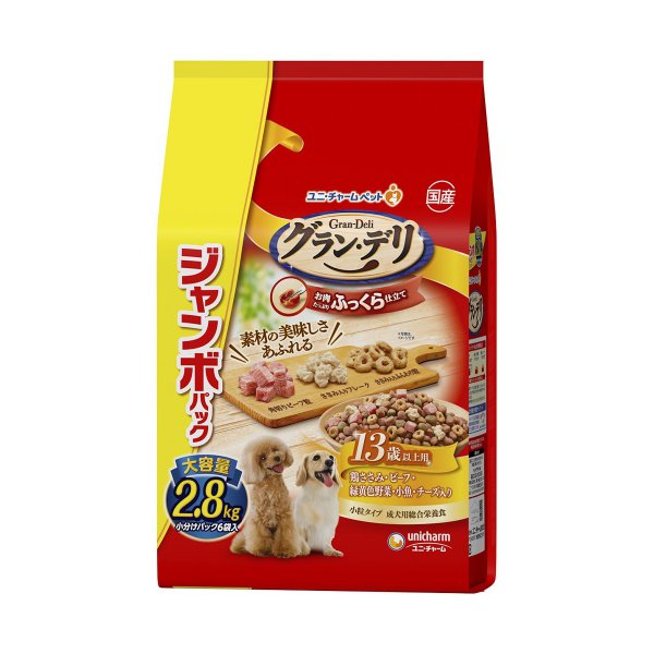 ●国産のお肉たっぷり、美味しいふっくら仕立てのグルメフード ●角切りビーフ粒・ささみ入りふんわり粒・ささみ入り大豆フレーク入り ●13歳以上の愛犬の腰・関節の健康維持のために、グルコサミン・コンドロイチンを配合 ●栄養素をバランス良く摂取で...