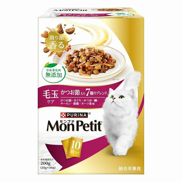 厳選したかつお節、まぐろ、かつお、鯛、サーモン、海藻、オーツ麦の7種の美味しさを贅沢にブレンドした猫用総合栄養食です。 天然の食物繊維を配合し、体内の毛玉を自然に排出するように配慮しました。 合成着色料無添加です。 内容量 200g(20g...