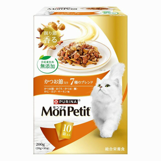 香ばしいかつお節、海の味わいまぐろとかつお、贅沢な鯛と蟹、こだわりのえびとサーモン、7種の魚介の美味しさを贅沢にブレンドした猫用総合栄養食です。 合成着色料無添加です。 内容量 200g(20g×10袋) 原材料 穀類(とうもろこし、とうも...
