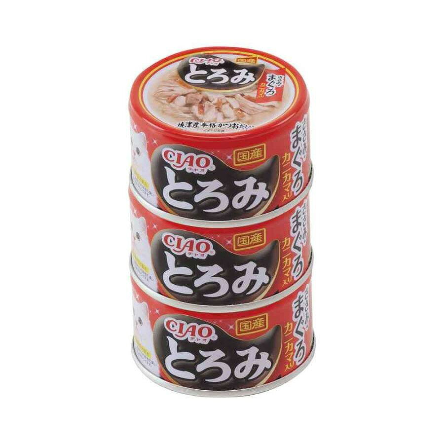 商品説明 ささみとまぐろをおいしく組み合わせ、猫ちゃんの喜ぶカニカマをトッピング。焼津産本格かつおだしで仕上げました。 品質表示 原材料 鶏肉（ささみ）、まぐろ、かつお節、かつお節エキス、糖類（オリゴ糖等）、植物性油脂、増粘安定剤（加工デン...